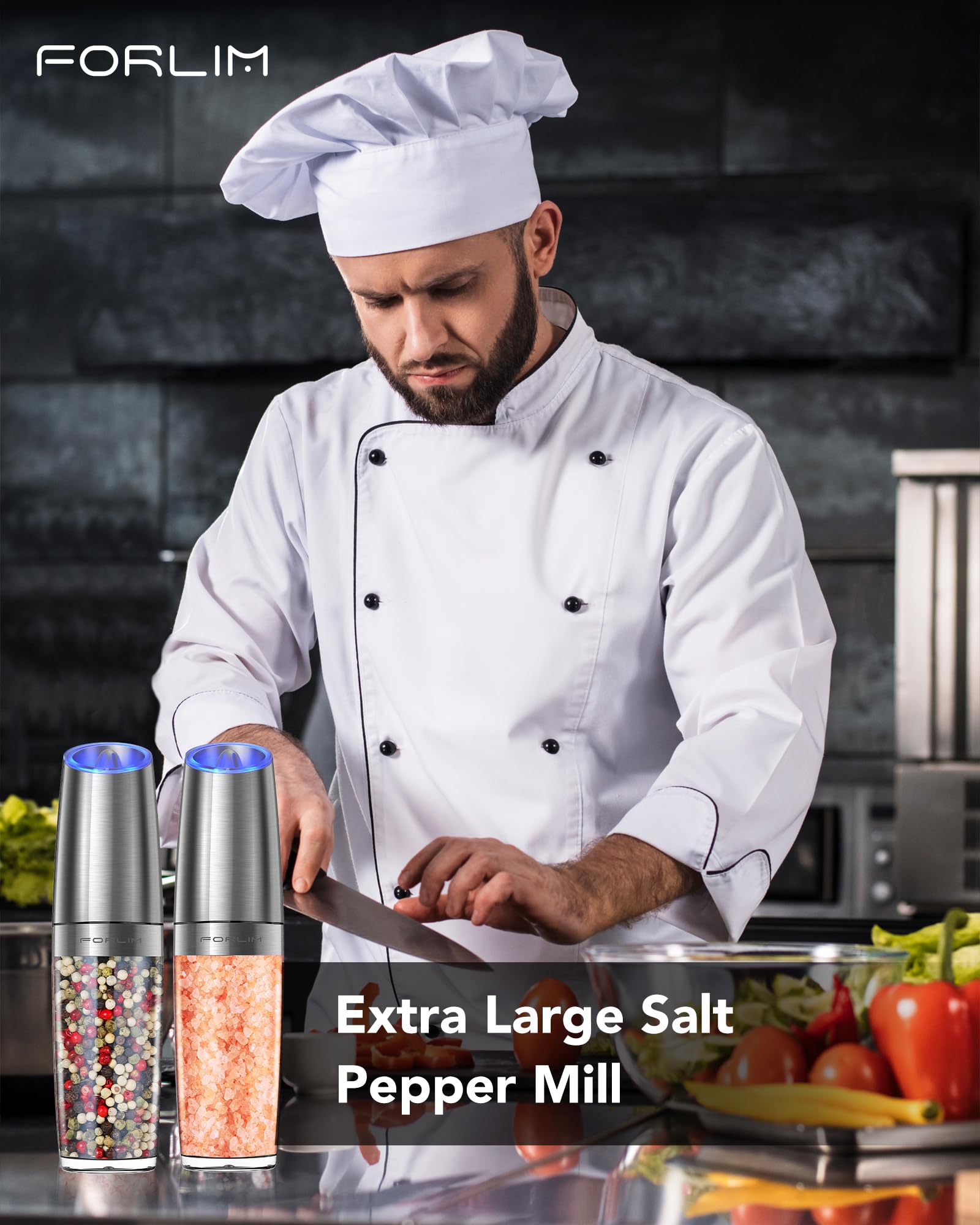 FORLIM Electric Salt and Pepper Grinder Set, Upgraded 9 Oz Large Capacity, Battery Operated Automatic Pepper Grinder Set, Easy to Fill, One Hand Operation, Stainless Steel(Silver)