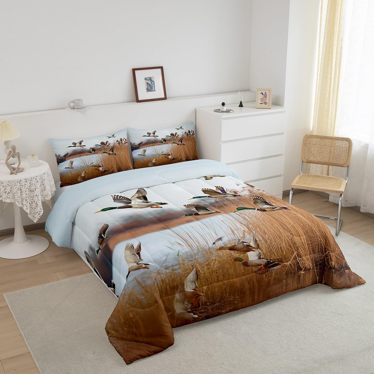 Erosebridal Mallard Duck Duvet Insert Duck Hunting Themed Comforter Set for Kids Teens Adults Mallard Duck Bird Printed Bedding Set Rustic Natural Lake Scenery Quilt with 2 Pillowcases,Queen Size
