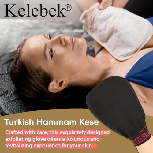 Kelebek Premium Natural Exfoliating Gloves, Turkish Hammam Kese, Original Exfoliating Mitt, Body Scrub for Men and Women (Black 2 Count (Rough))
