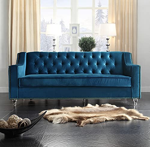 Iconic Home Dylan Velvet Modern Contemporary Button Tufted with Silver Nailhead Trim Round Acrylic Feet Sofa
