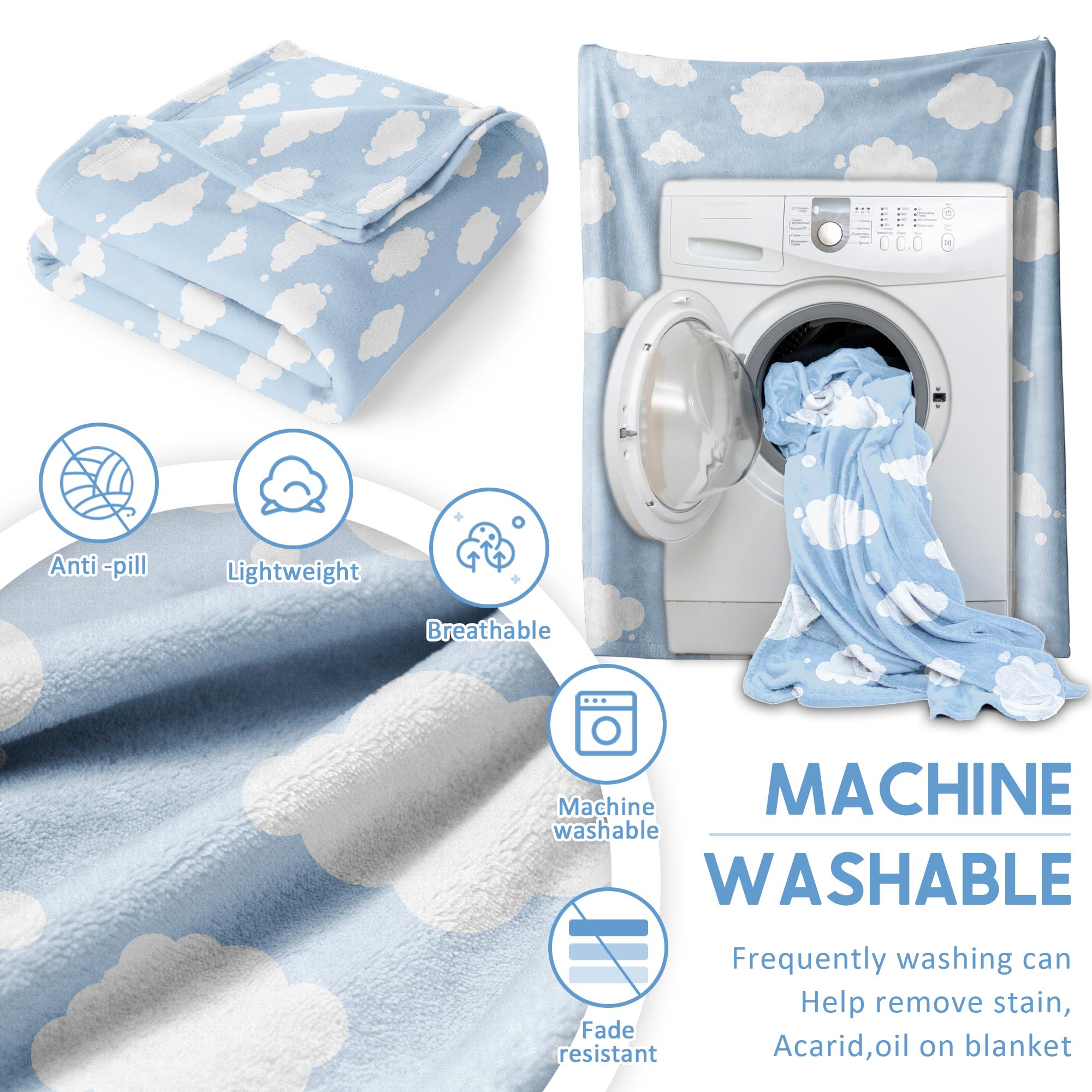 Cloud Blanket, Cloud Print Throw Blanket, Blue and White Gift for Girl and Boy, Lightweight Soft Cute Cloud Fleece Blanket for Sofa Chairs Bed 40" x 30" for Pet