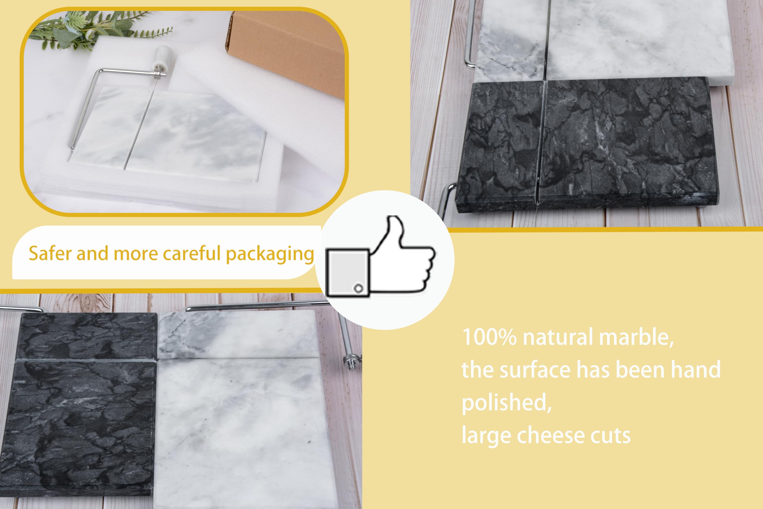 SIPARUI Cheese Slicer, Cheese Cutter Heavy Duty 6" x 9", Polished Marble Cheese Slicer Board for Cut Block Cheeses, Butter, Meats, Other Appetizers (White Grey)
