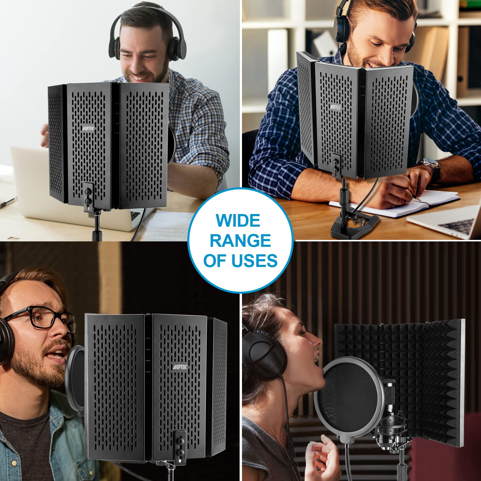 AGPTEK Microphone Isolation Shield, Foldable Adjustable Durable Studio Recording Microphone Isolator Panel for Stand Mount or Table Top-Extra Large Size