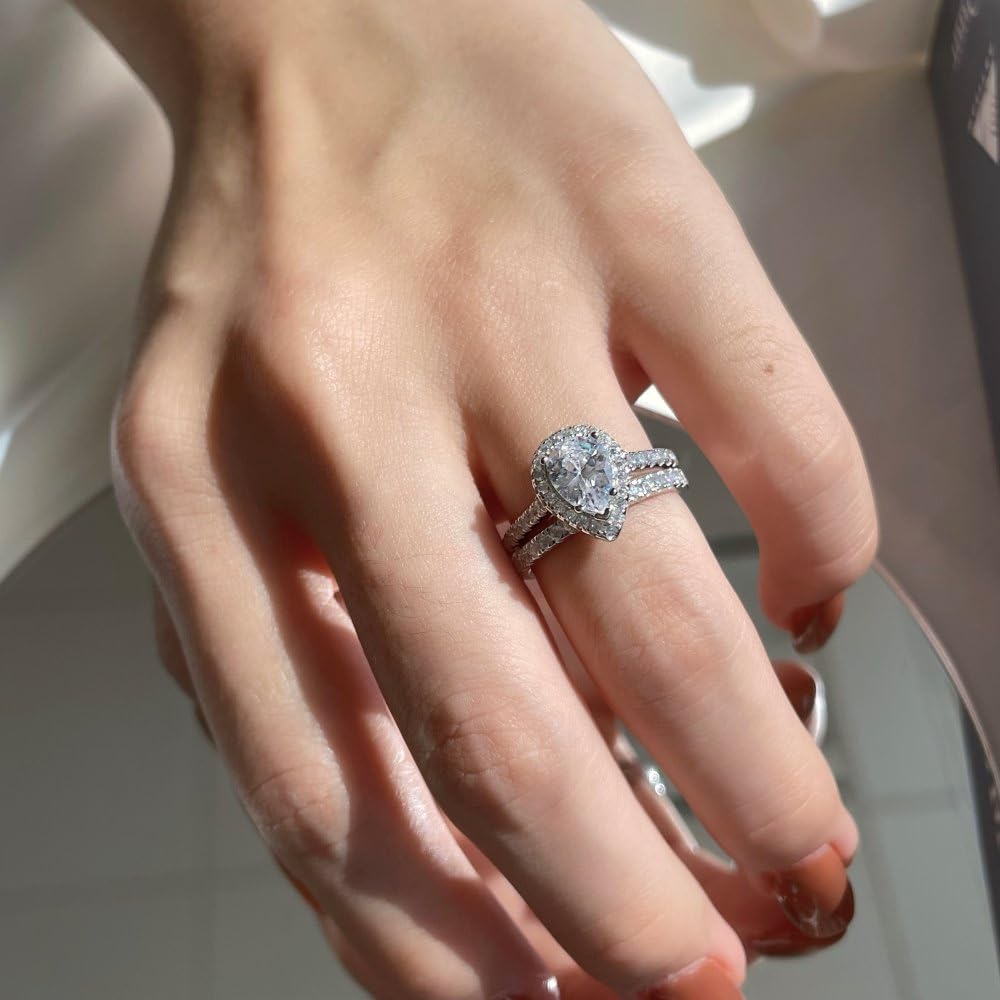 Pear Shaped Wedding Ring Set for Women 2 Carat Center Moissanite Bridal Ring Set Teardrop Engagement Ring Set 925 Sterling Silver 10K 14K 18K Gold (18K Gold)