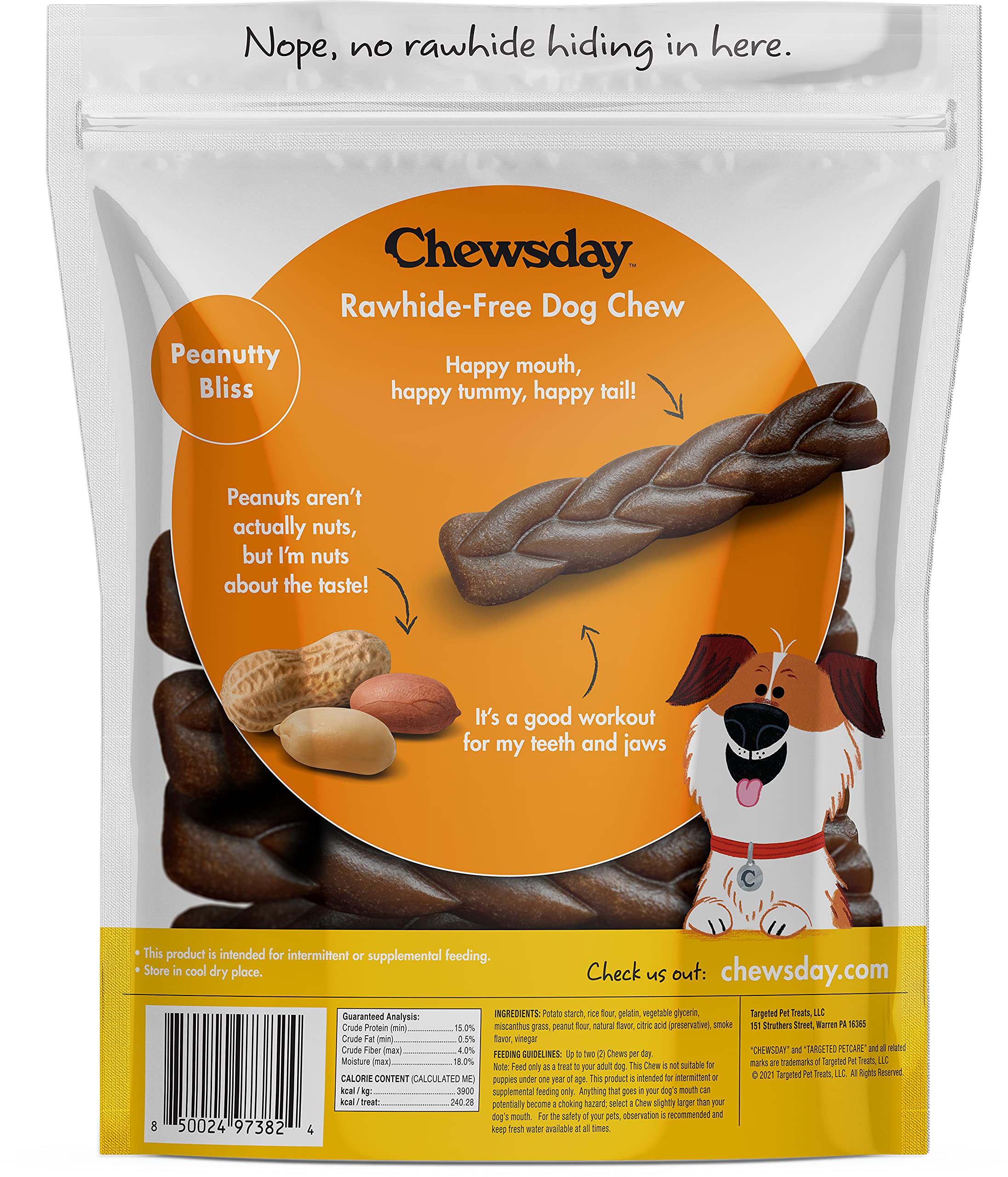 Chewsday 6-Inch Dog Chew Braids, Made in The USA, All Natural Rawhide-Free Highly-Digestible Treats, Peanutty Bliss - 14 Count