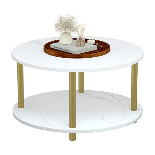 Round Coffee Table for Living Room,31.5’’ 2 Tier Modern Gold Coffee Table with Open Storage Shelf,Gold Metal Legs and White Faux Marble Table Top