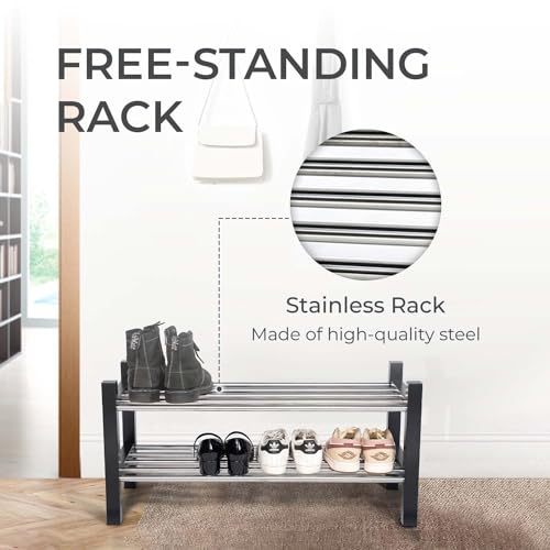 ARROWSTONE Black Shoe Rack 2 Tier, Solid Acacia Wood, 31" W Entryway Free Standing Shoe Rack, Stainless Steel Stackable Shoe Organizer for Front Door, Bedroom, Living Room, Bathroom