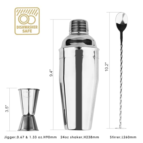 Arora 24OZ Cocktail Shaker Mixer Set, 3Pcs Bar Acccessories Including Martini Shaker, Long Handle Mixing Stirring Spoon, Cocktail Jigger for Bartending, Ideal Mixology Bartender Kit Home Bar Gift