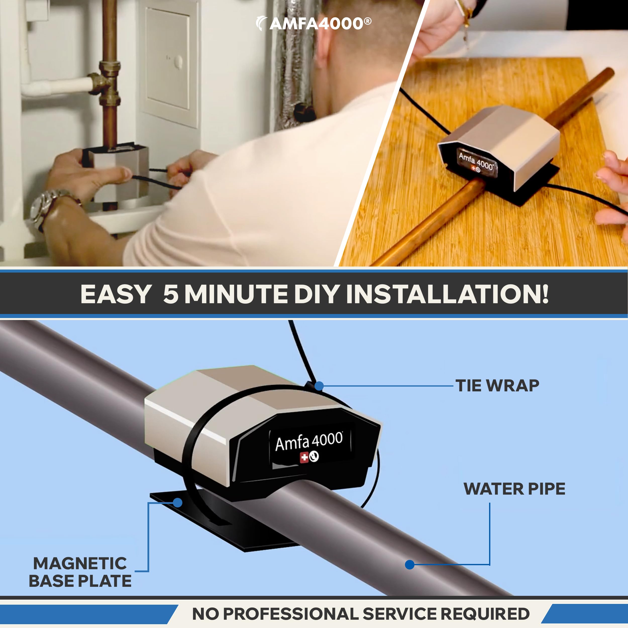 Amfa4000® Whole House Water Softener System - Salt Free Water Descaler for Whole House, Compact Water Softener, Magnetic Soft Water System, Portable Water Softner System