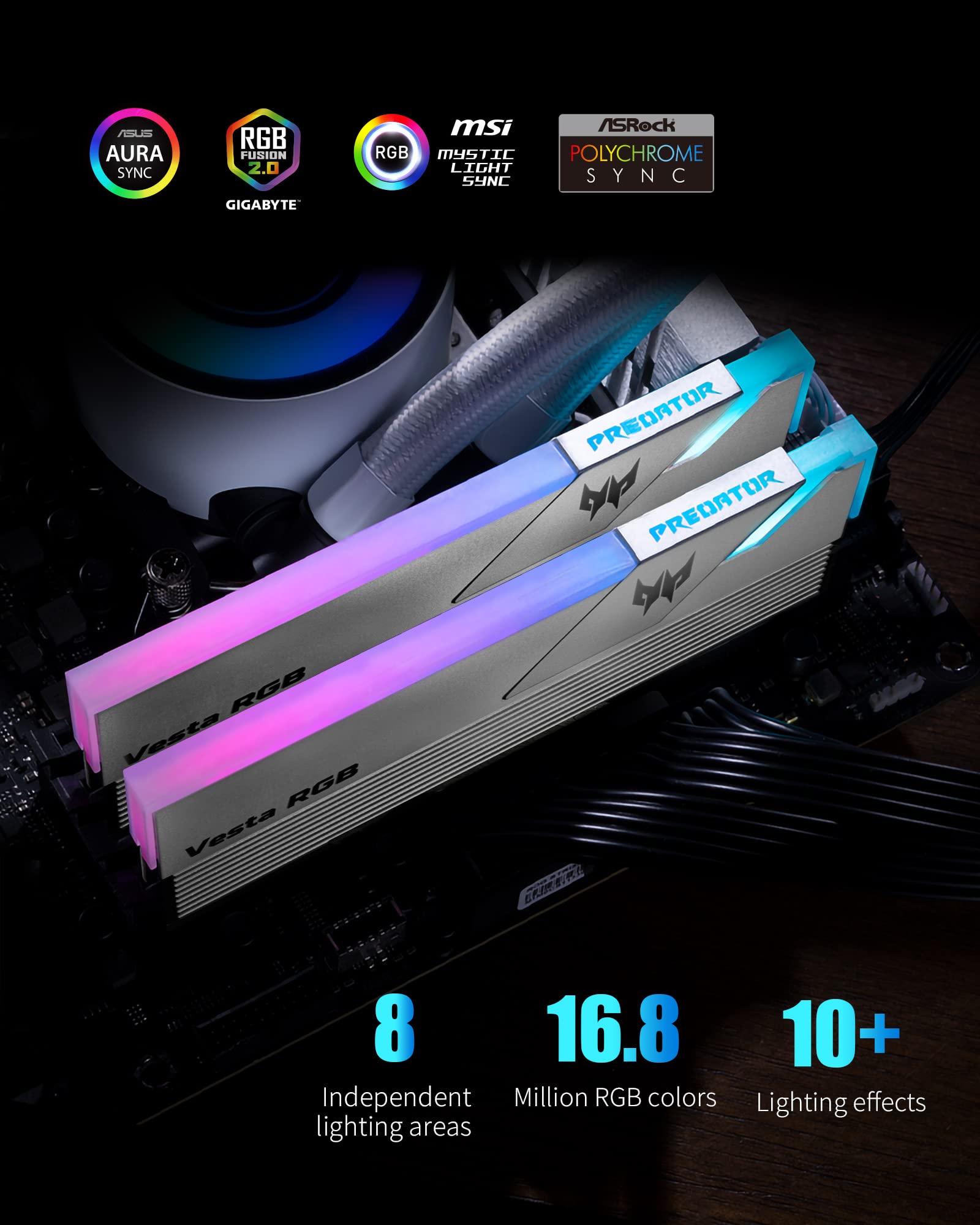 Acer Predator Vesta RGB Gaming RAM 16GB (8GBx2) 3600 MHz DDR4 CL14 1.45V Desktop LED Computer Memory Kit - BL.9BWWR.294