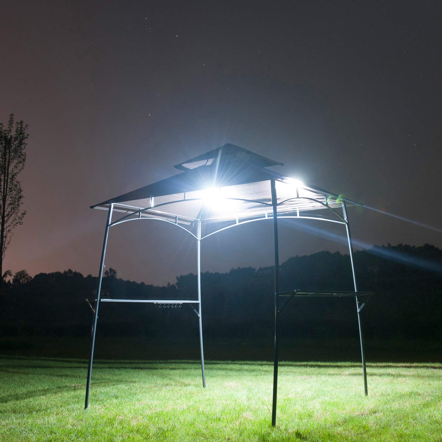 8x5 Ft Barbecue Metal Grill Gazebo Tent Pergola BBQ Canopy Sun shelter for Outdoor Patios Deck Yard Balcony W/Lights 2-Tier Vent Brown Soft Top Roof