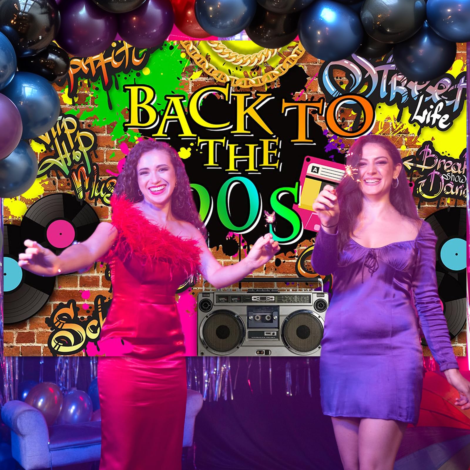Mocsicka 90’S Backdrop Hip Hop Graffiti Brick Wall Retro Radio Fashion Photography Background Back to The 90’S Themed Party Banner Decoration Backdrops (7x5ft)