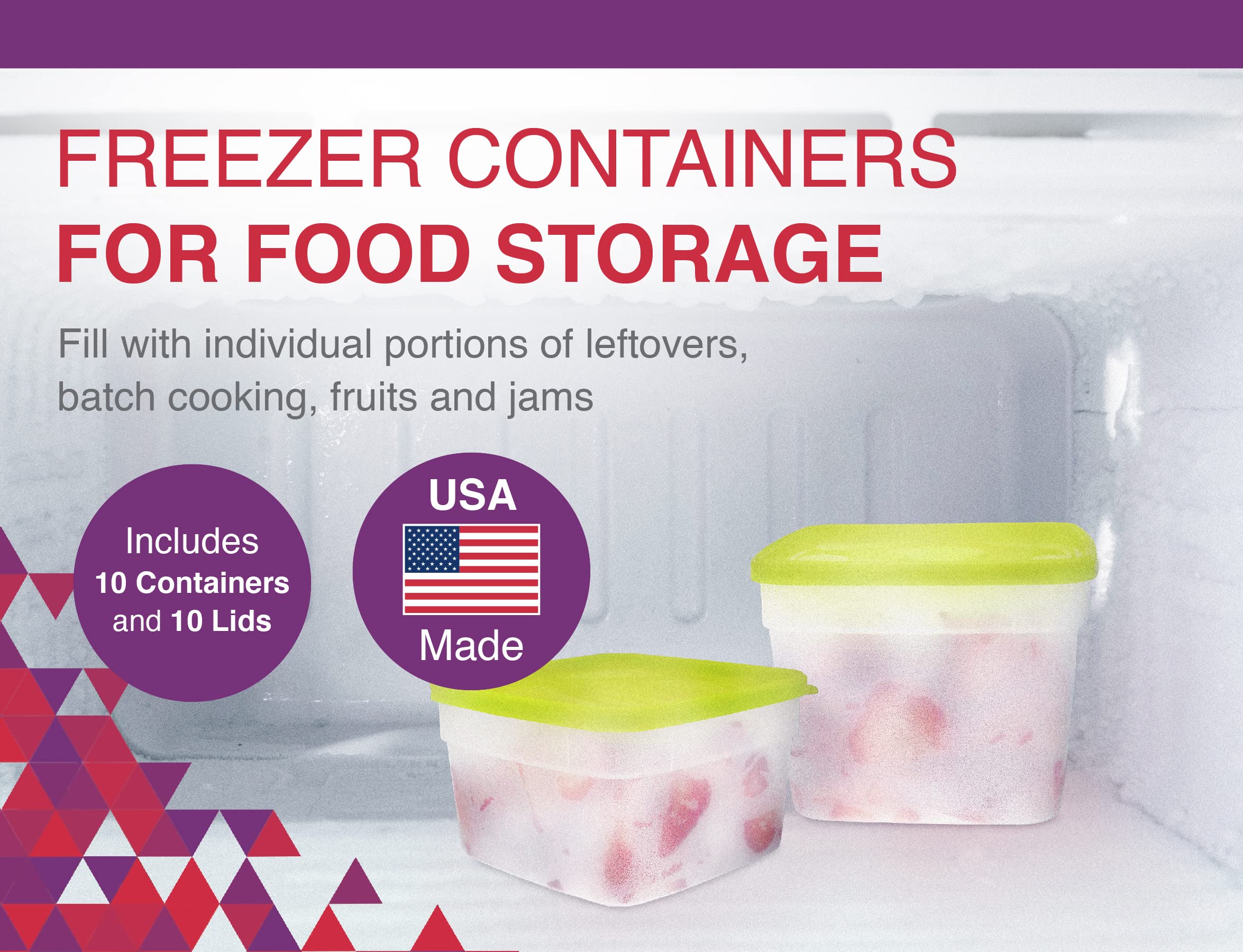 Arrow Home Products 1 Pint Freezer Containers for Food Storage, 10 Pack with Lids - USA Made Reusable Plastic Food Storage Containers - Prep, Store and Freeze - BPA Free, Dishwasher Safe