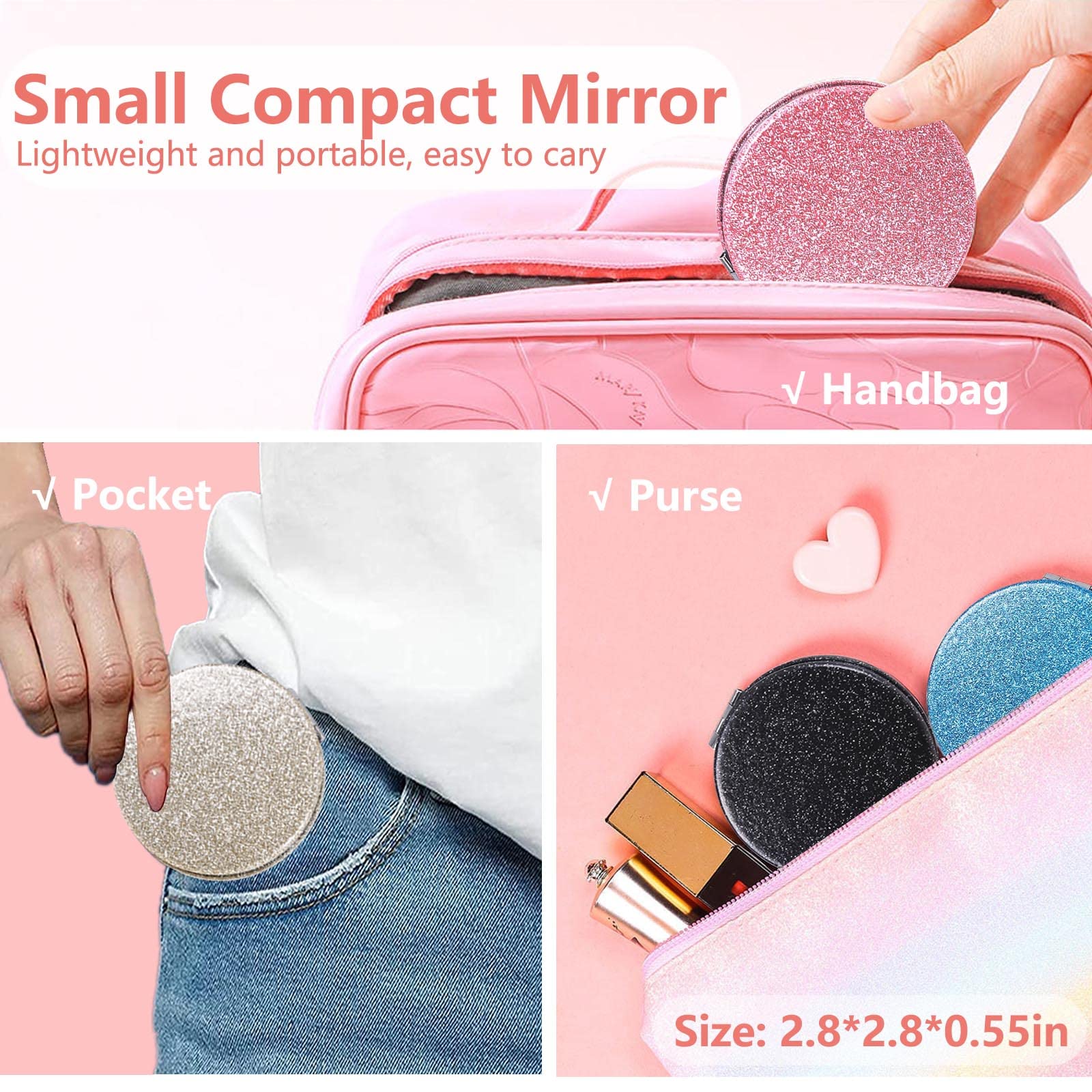 Acedada Pocket Mirror, Compact Mirror, Small Mirror for Purse with Glitter, Portable Travel Makeup Mini Mirror, Folding Handheld 2-Sided 1x/2x Magnifying Compact Mirror for Women Girls - Purple