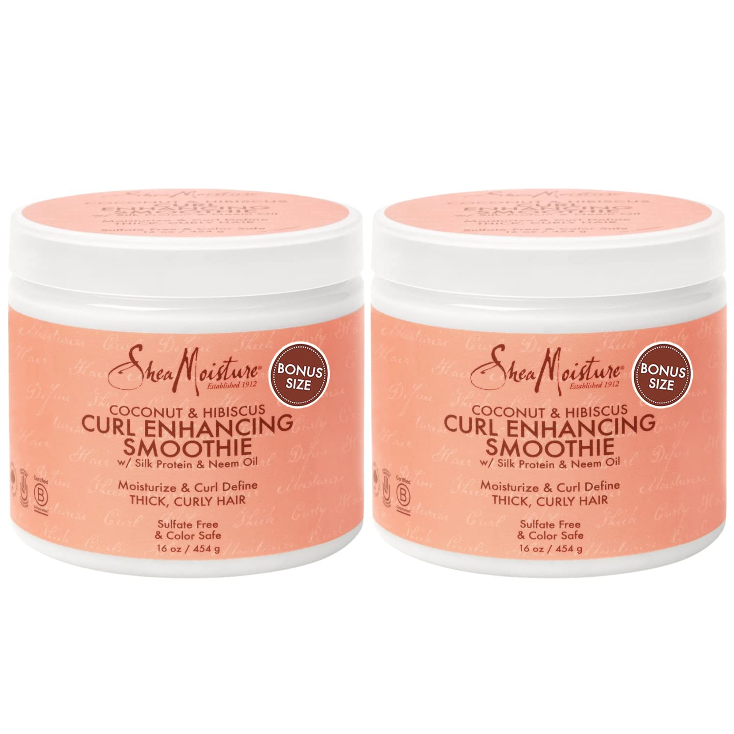 SheaMoisture Curly Hair Products, Coconut & Hibiscus Curl Enhancing Smoothie with Shea Butter, Sulfate Free, Paraben Free Hair Cream for Anti-Frizz, Moisture & Shine, (2 Pack - 16 Fl Oz Ea)