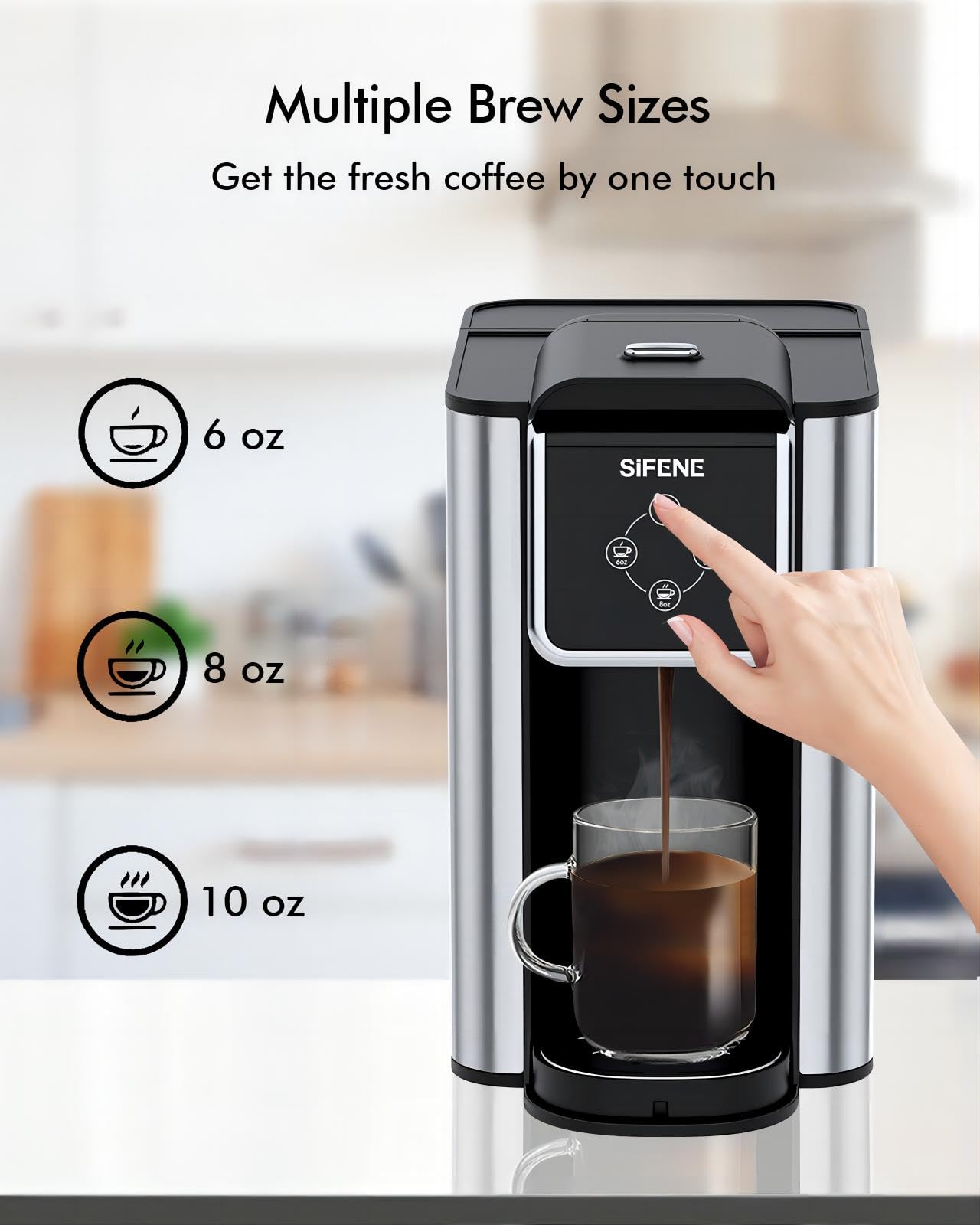 SIFENE Single Serve Coffee Maker, 3-in-1 Quick Brew for Coffee Pods, Ground Coffee, & Loose Tea, 6-12oz Cup Sizes, 50oz Removable Water Tank, 1150W, Compact, Black
