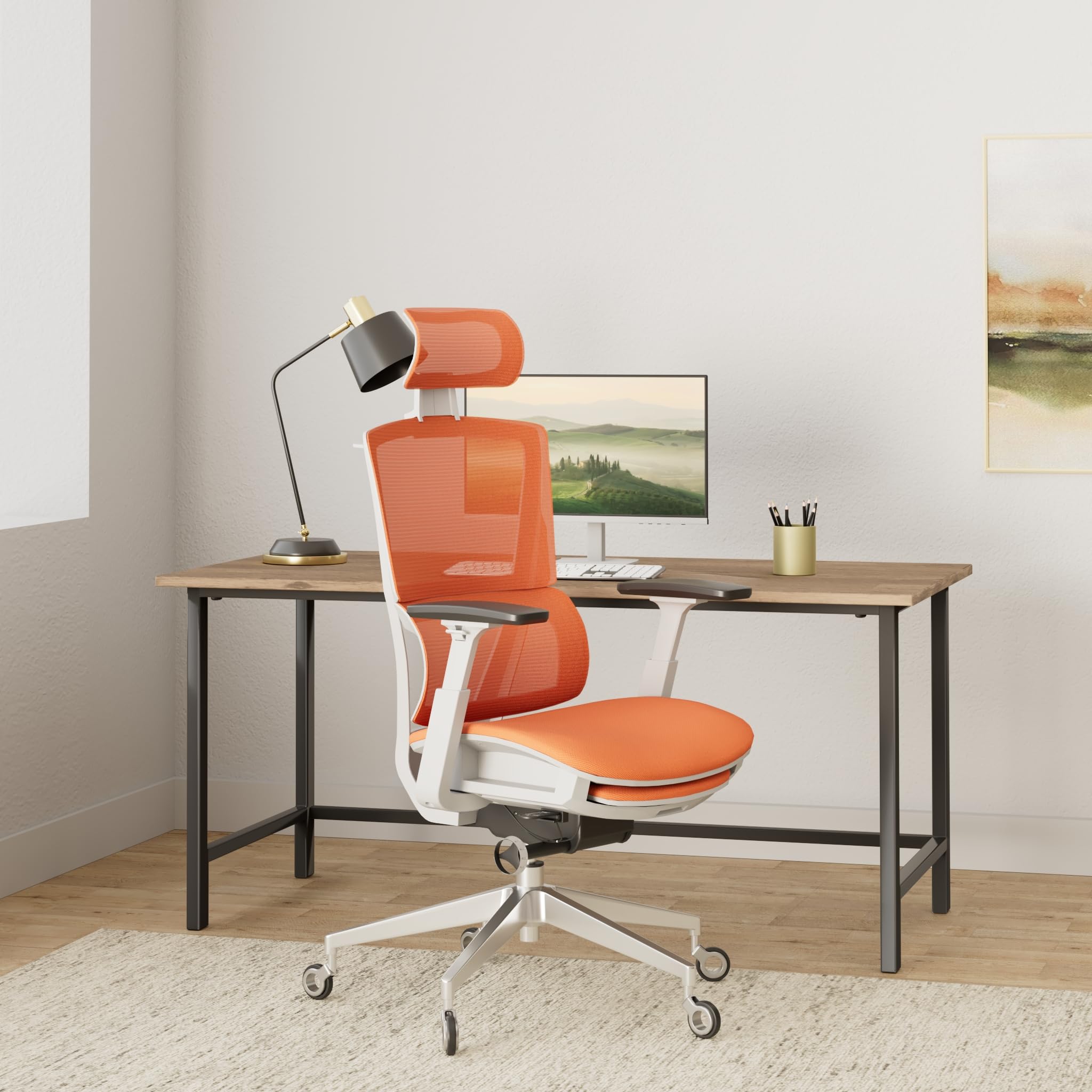 Nouhaus Rewind Ergonomic Office Chair with Footrest and Lumbar Support,Rolling Home Office Desk Chairs with Wheels,Mesh High Back Task Chair (Orange)