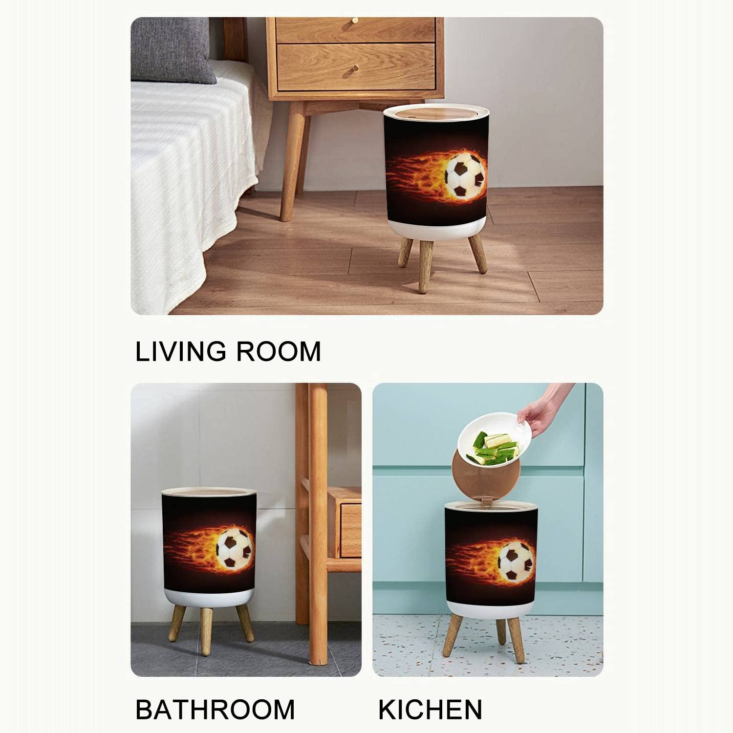 IBPNKFAZ89 Small Trash Can with Lid Soccer Ball in Fire Isolated on Black Garbage Bin Wood Waste Bin Press Cover Round Wastebasket for Bathroom Bedroom Office Kitchen