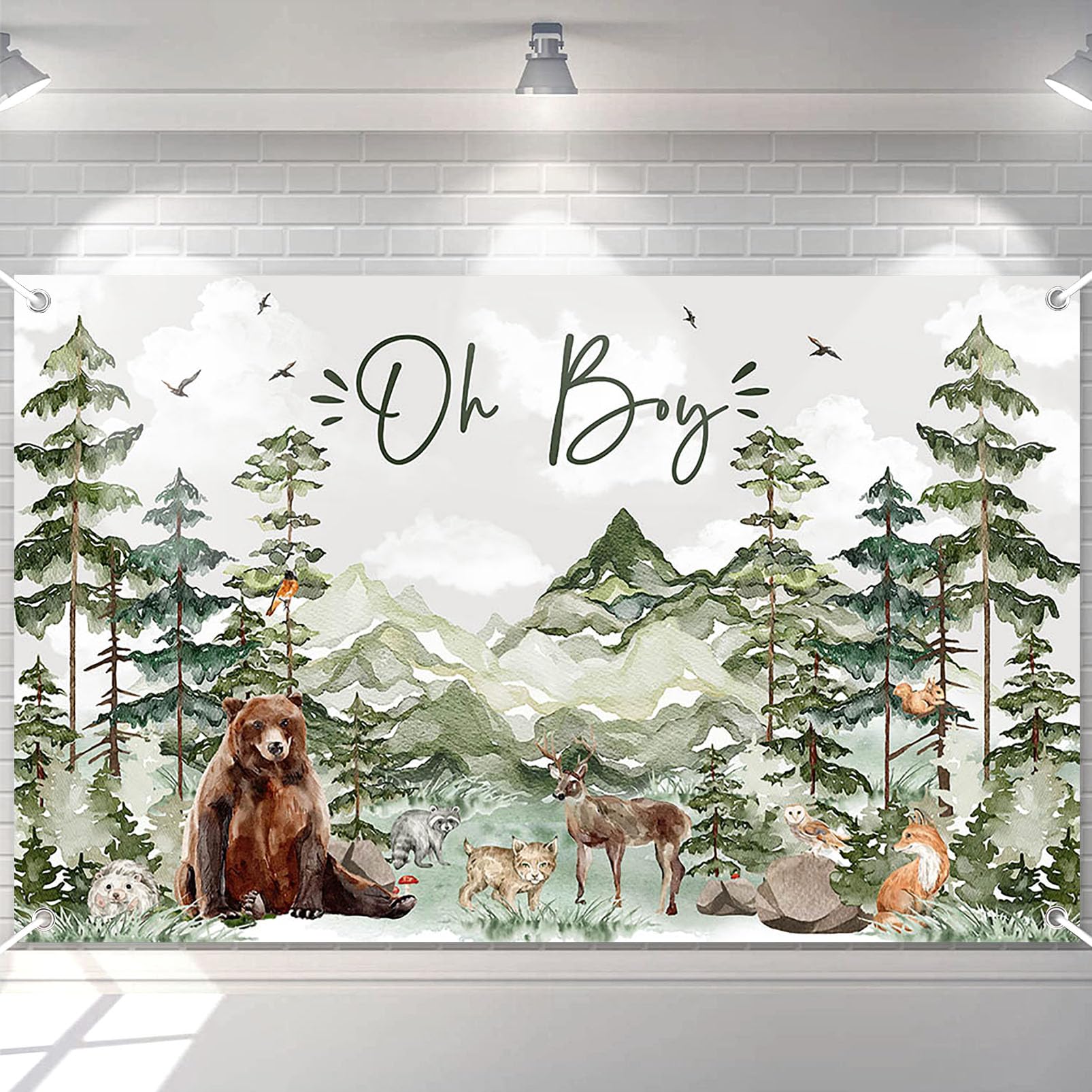 Avezano Oh Boy Backdrop Forest Adventure Baby Shower Photography Background Mountain Wilderness Woodland Baby Shower Decorations Watercolor Greenery Forest Party Photoshoot Banner 70.8 x 43.3 Inch