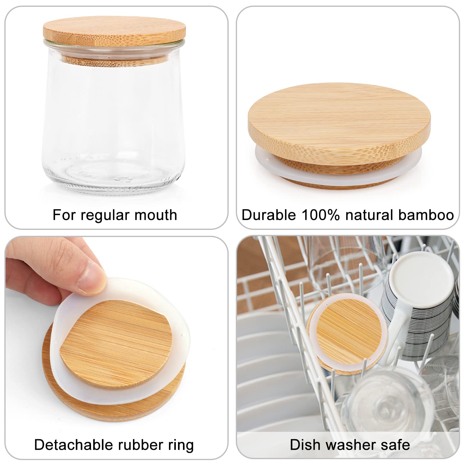 Oui Yogurt Jar Lids, Oui Yogurt Bamboo Jar Lids Set, Wooden Lids for Oui Yogurt Jars, Oui Yogurt Jars Lids with Silicone Sealing Rings, Cookie Glass Storage Lids, for 5 Oz Oui Yogurt Jars - 4 Pack