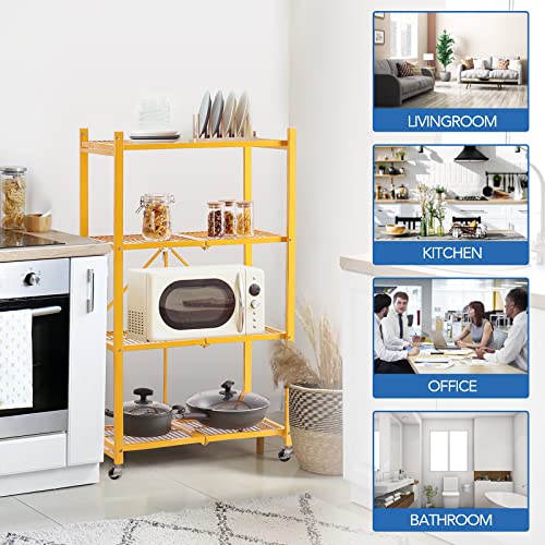 ShanSon Storage Shelves with Wheels 4 Tier Heavy Duty Foldable Metal Rack Storage Shelving Units for Garage Kitchen,Yellow