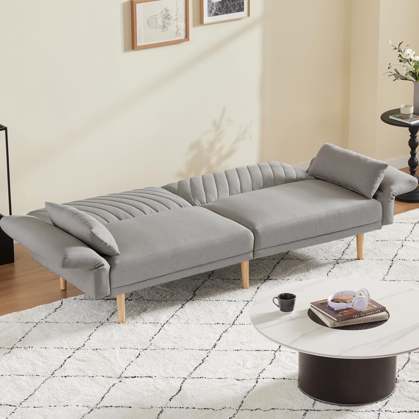 WILLOVE 78'' Fabric Futon Sofa Bed, Convertible Sleeper Couch Bed with Adjustable Armrests and Backrest, Sleeper Bed with 2 Pillows, Modern Futon Couches for Living Room, Light Gray