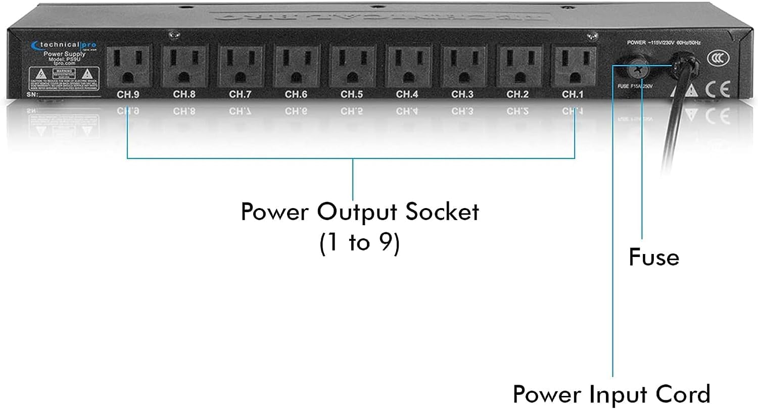 Technical Pro Power Supply Strip - 9 Power Outlet with Switches, 5V USB Charging Port, 1800 Watts Max Load Power Conditioner, High Load Power Electric Extension Cord Strip - 4 Ft