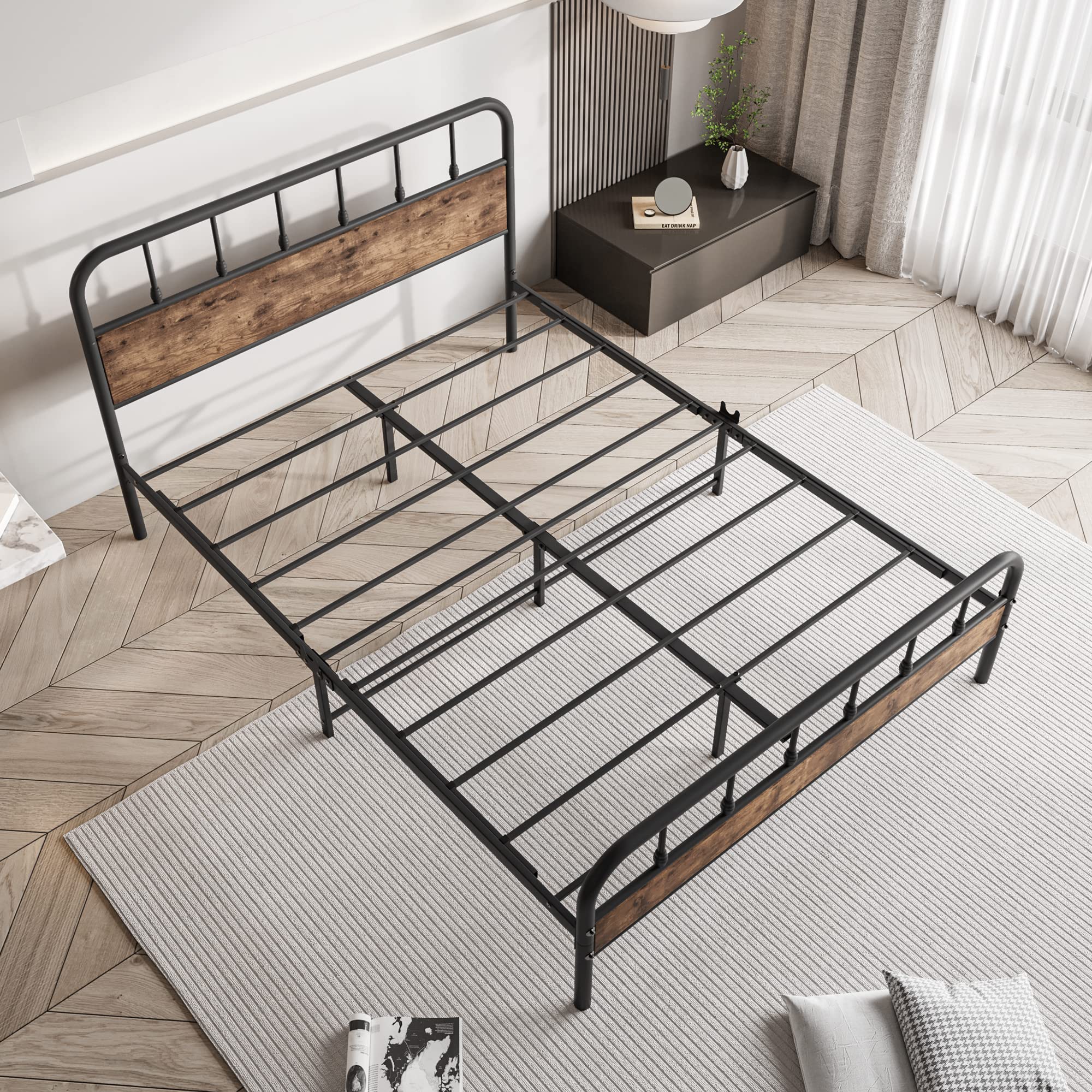 Elegant Home Products Black Queen Bed Frame with Headboard,Metal Platform Bed Frames,No Box Spring Needed,Easy Assembly Rustic Brown