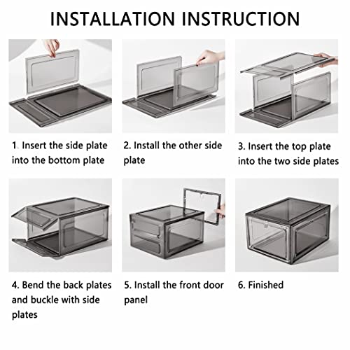 BYFU Shoe Box Drop Front Set of 6, Plastic Stackable Shoe Storage Boxes with Lids, Sneaker Display Case Shoe Organizer Bins for Closet, Easy Assembly (Dark Grey)