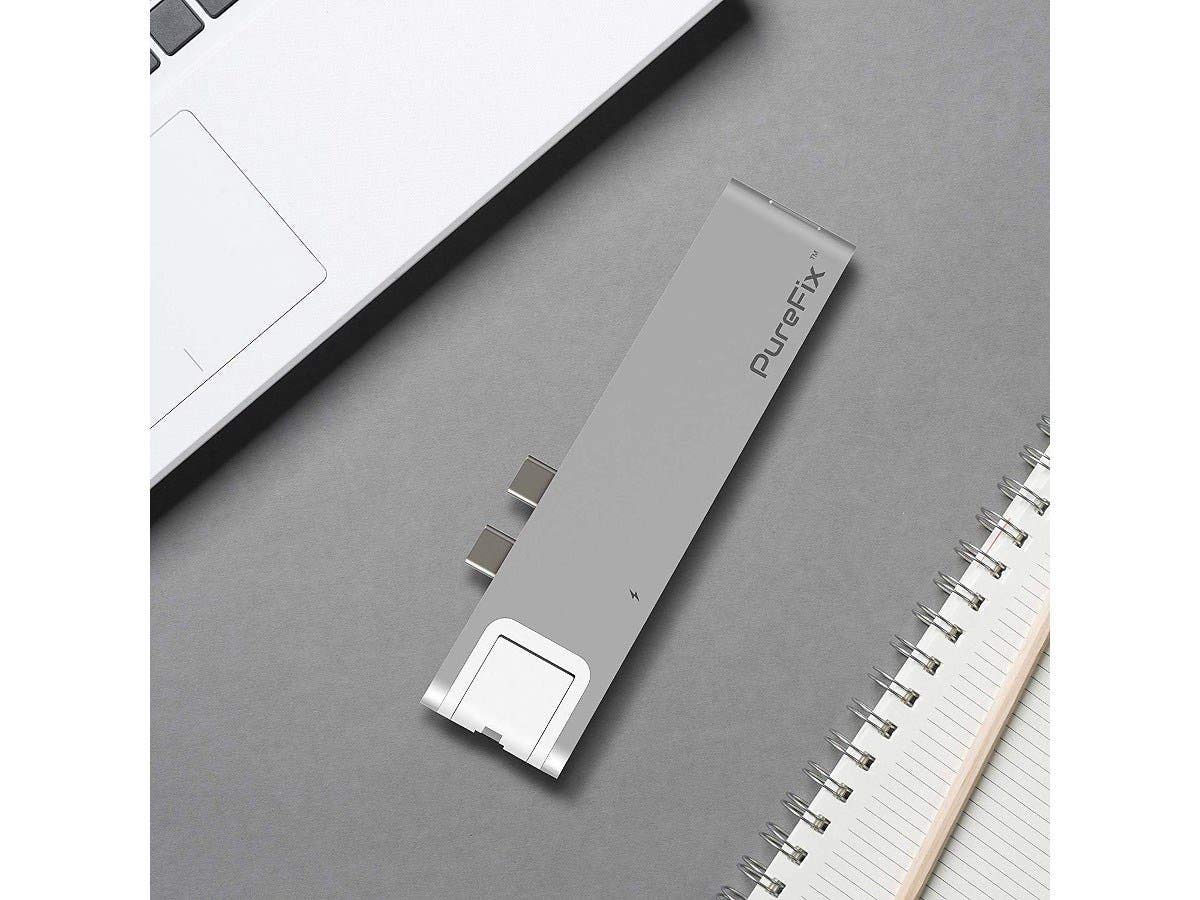 Purefix USB C Hub, 7-in-1 Dual Type-C Adapter - Silver for MacBook Pro 13 15 Gigabit Ethernet, Power Delivery, Thunderbolt 3, 4K HDMI, MicroSD/SD Card Reader