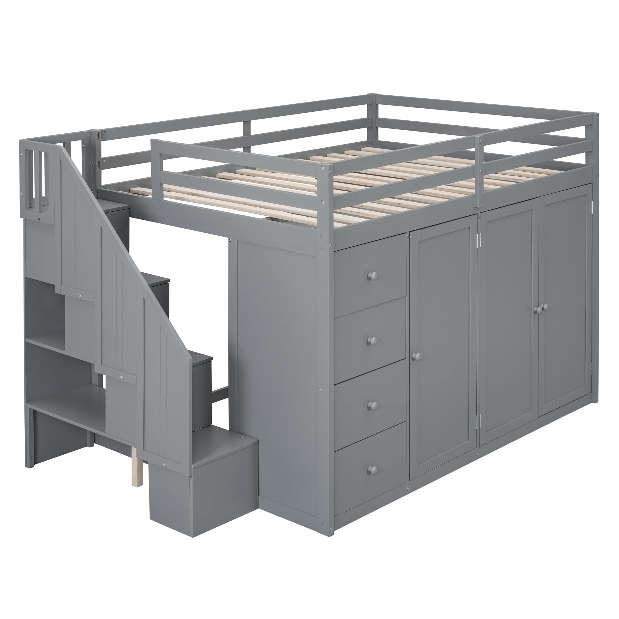 Harper & Bright Designs Full Size Loft Bed with Stairs, Wood Loft Bed with 2 Wardrobes, Full Loft Bed with Storage Drawers and Cabinet, High Loft Bed Frame for Kids Teens Adults, Grey