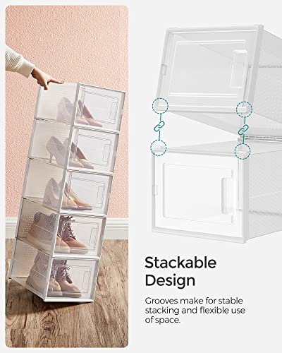 SONGMICS Shoe Boxes, Pack of 12 Shoe Storage Organizers, Stackable Clear Plastic Boxes for Closet, Sneakers, 9.9 x 13.7 x 7.4 Inches, Fit up to US Size 13, Transparent and White ULSP12MWT