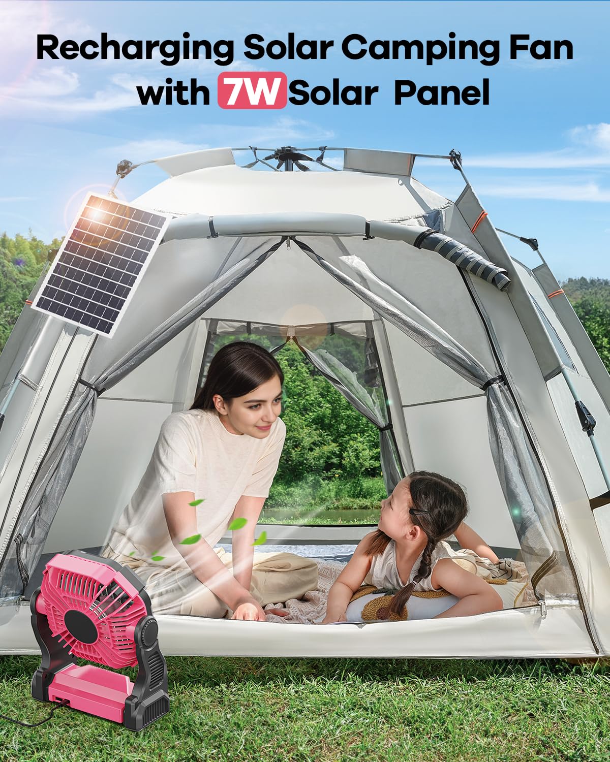 Art In Real 10400mAh Solar Powered Fan, Portable Solar Fan with LED Lantern, Camping Fan with 7W Solar Panel, Stepless Speed Battery Powered Fan for Travel, Camping,Office,Outdoor&Indoor(Pink)