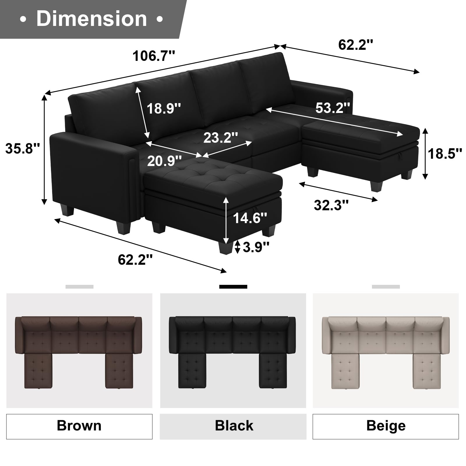 Belffin Faux Leather U Shaped Sectional Sofa Couch with Storage Ottoman Leather Convertibel Sectional Sofa with Reversible Chaises Black