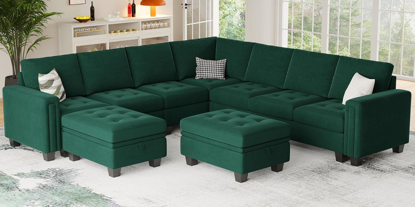 Belffin Oversized Velvet Modular 8-Seat Sectional Sofa Set with Storage Ottoman U Shaped Couch Set Modular Sectional Convertible Sofa Couch with Reversible Chaise Corner Sofa Couch Set Green
