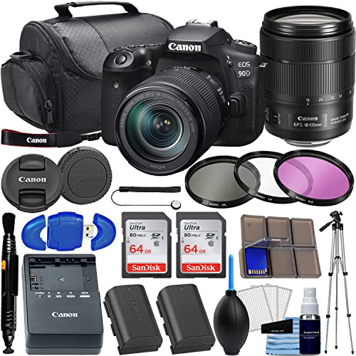 Camera EOS 90D DSLR Camera Bundle with 18-135mm is USM Lens, 128GB Memory, 3pc Filter Kit + Deluxe Bag + Professional Kit