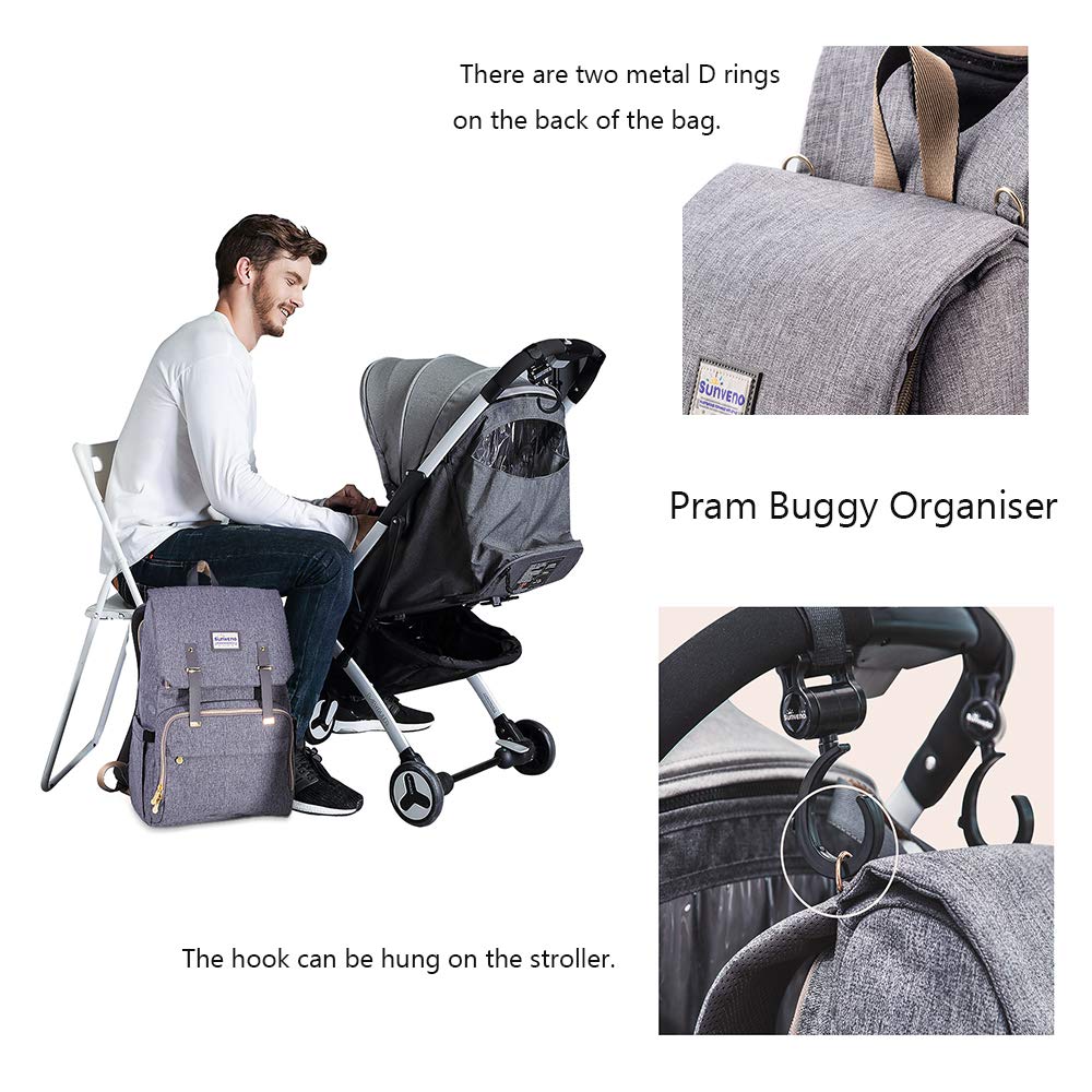 SUNVENO Baby Diaper Bag Backpack Nappy Changing Waterproof Function Organizer Large Stylish Mommy Bag Backpack (Gray)