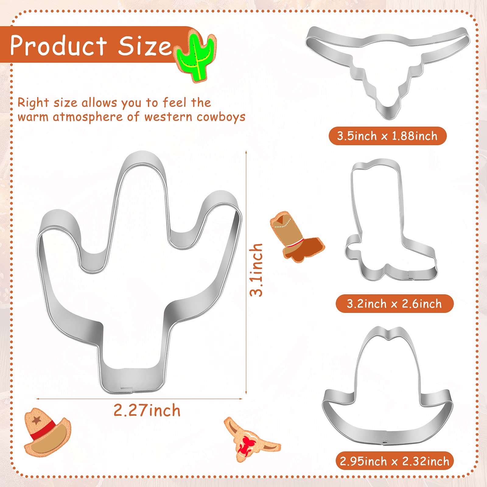 9 Pieces Cowboy Cookie Cutter Set Western Cookie Cutters, Includes Cow, Star, Horse, Cowboy, Boot, Hat, Cactus, Horseshoe, Horse Head, Stainless Steel Cookie Cutter for Baking Decorative Food DIY