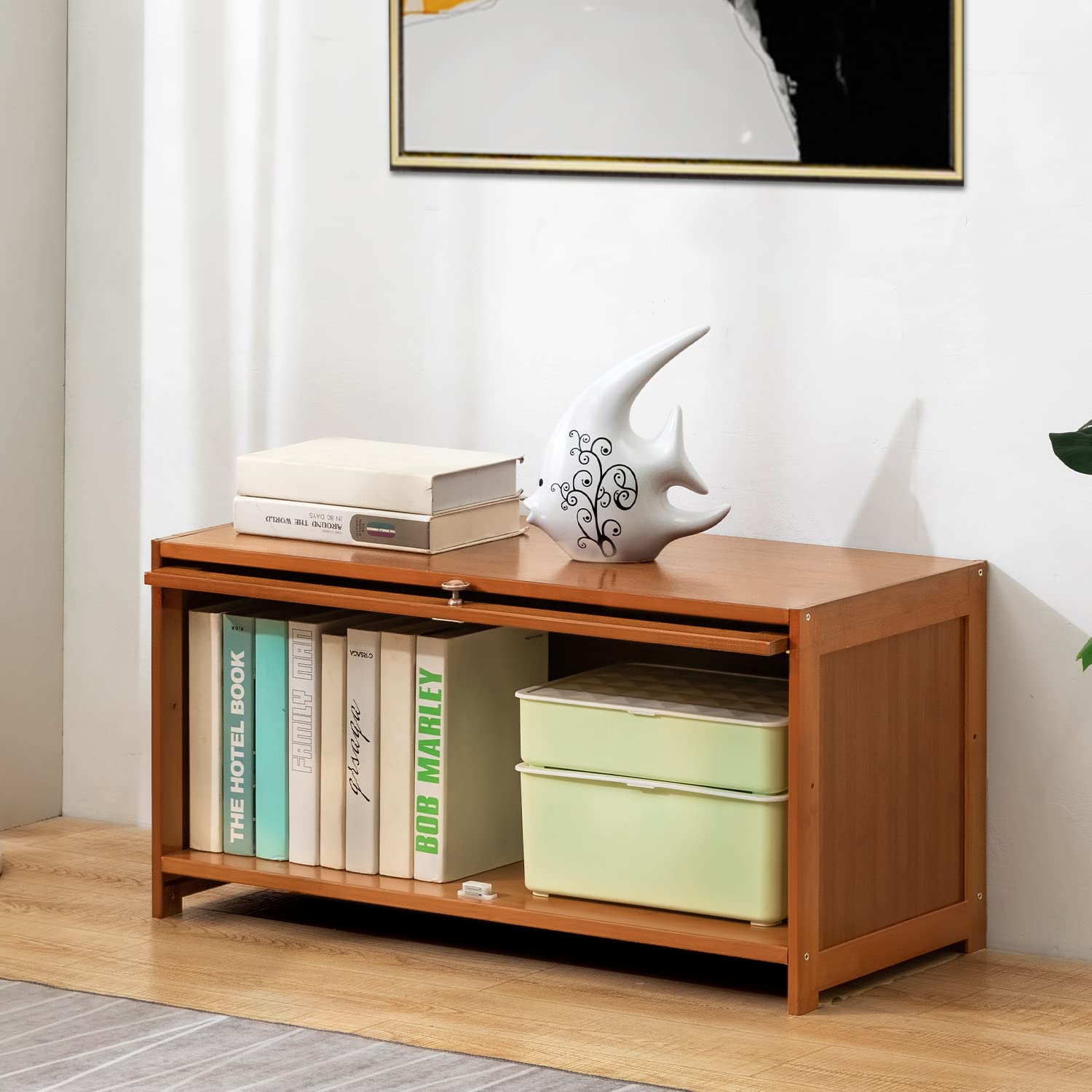 MoNiBloom Bamboo Bookcase with Flip Doors Free Standing Book Shelf Storage Organizer Save Space for Living Room Office Bathroom, Brown