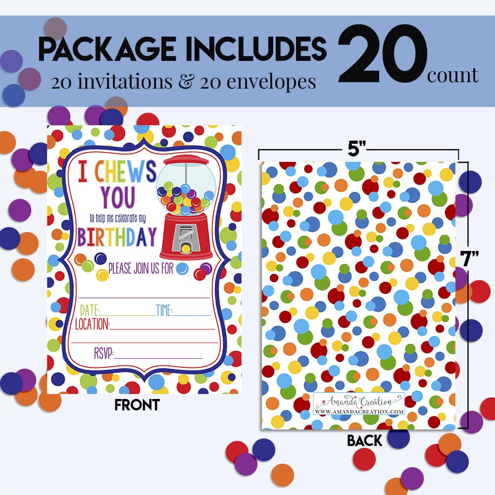 Cute Rainbow Colored Bubble Gum Themed Birthday Party Invitations for Kids, 20 5x7 Fill In Cards with Twenty White Envelopes by AmandaCreation…