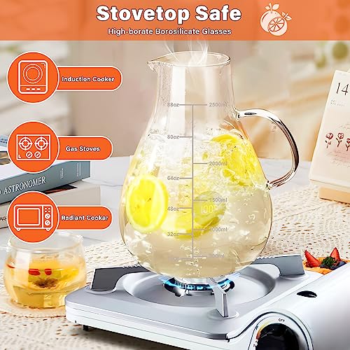 Glass Pitcher with Lid, 88 oz/2500ml Glass Water Pitcher with Precise Scale Line, Hot/Cold Water Jug, Iced Tea, Juice, Milk, Coffee, Lemonade Beverage Carafe with Lid