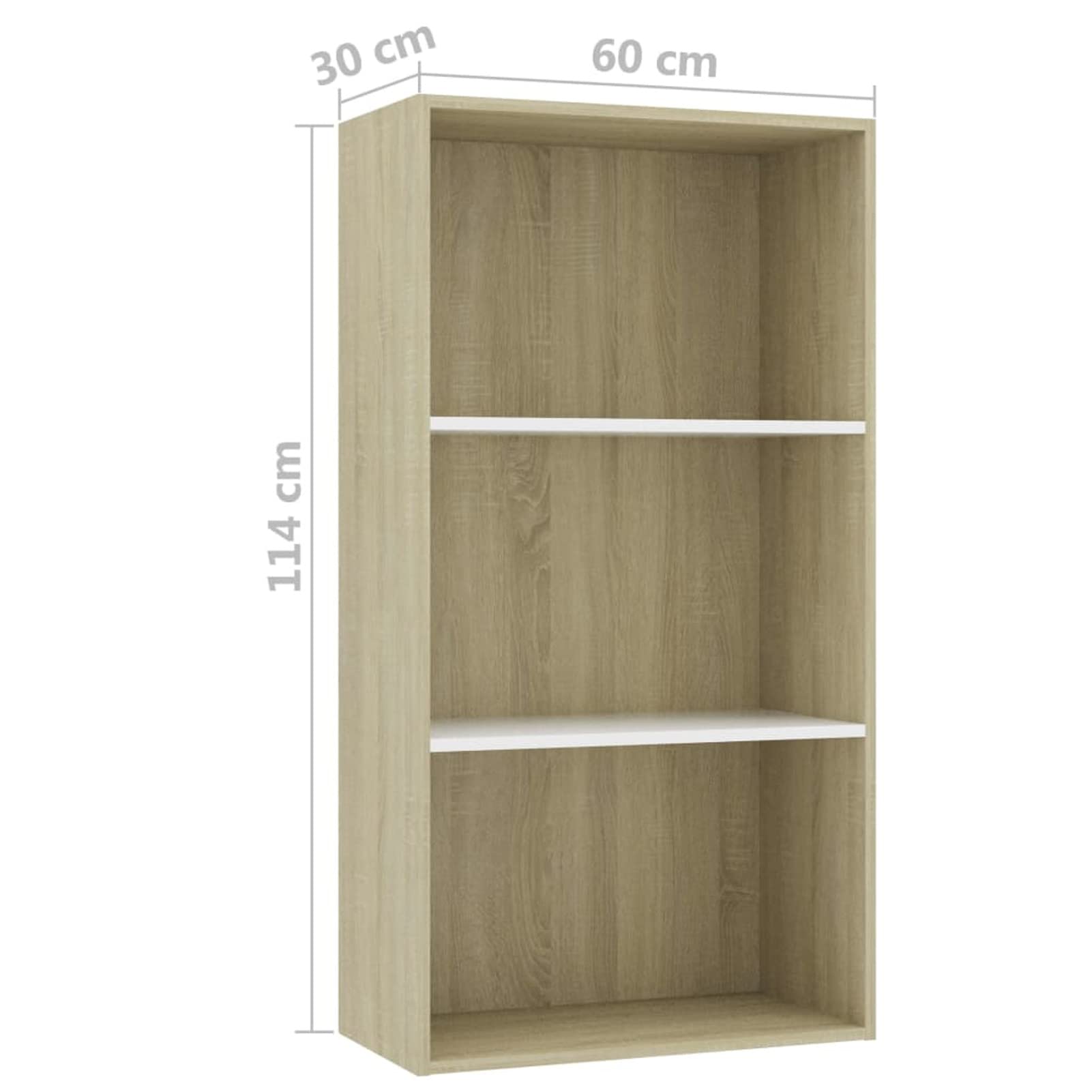 Camerina 3-Tier Book Cabinet 3 Tier Shelf Organizer Bedroom Storage and Organization Corner Book Shelf Office Open Bookshelf White and Sonoma Oak 23.6"x11.8"x44.9" Engineered Wood
