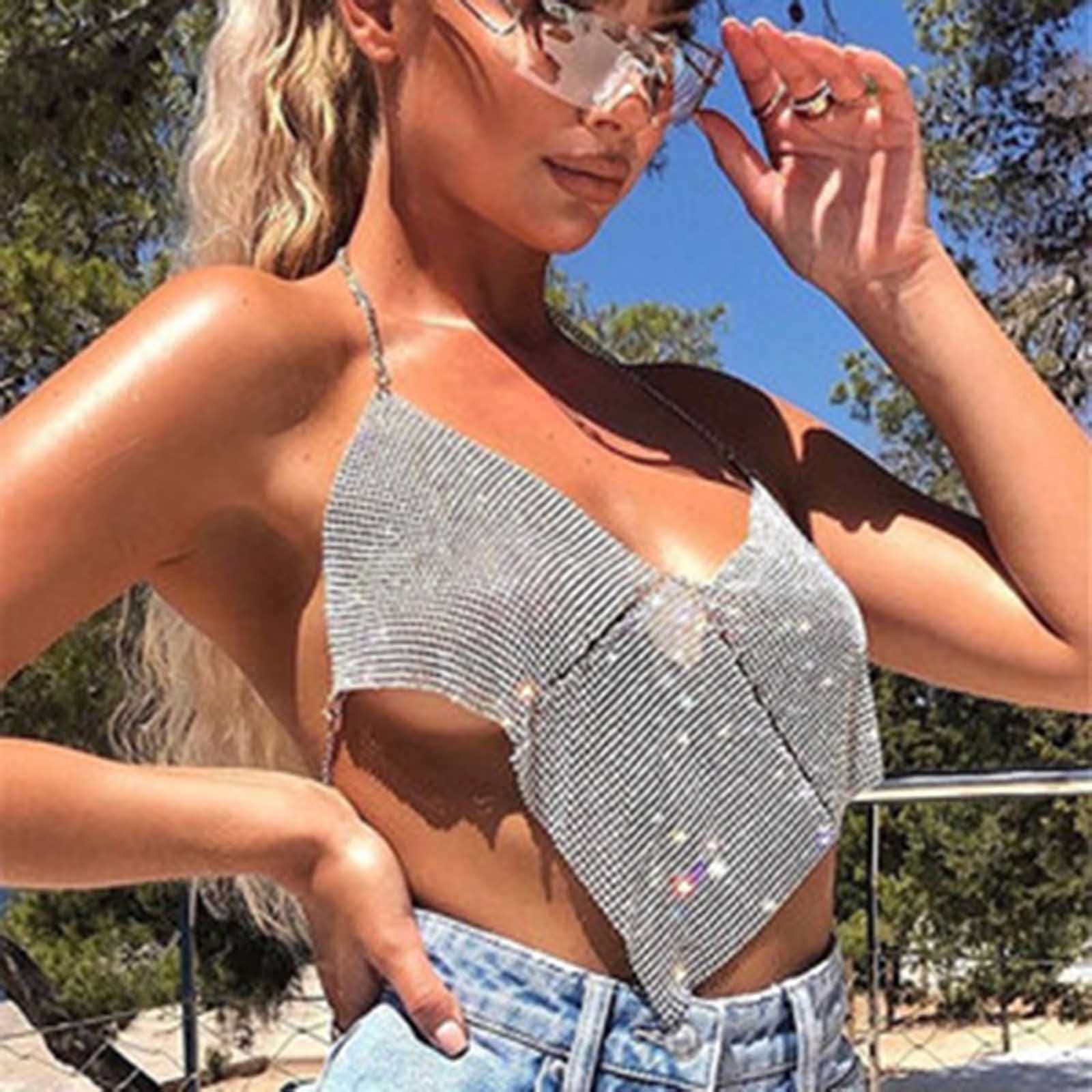 Acenail Sexy Body Chains Silver Crop Tops Bikini Sequins Halter Backless Bra Body Chain Crystal Beach Boho Body Jewelry for Women and Girls