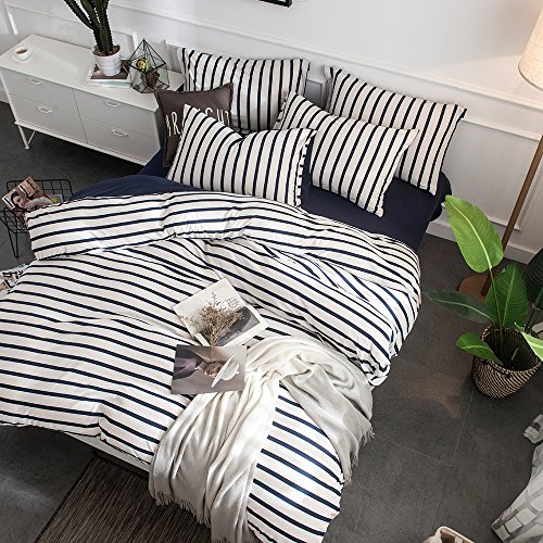 Merryfeel Cotton Duvet Cover Set,100% Cotton Jersey Knit Striped Duvet Cover and Pillowshams,3 Pieces Bedding Set - (Queen,Navy Stripe)