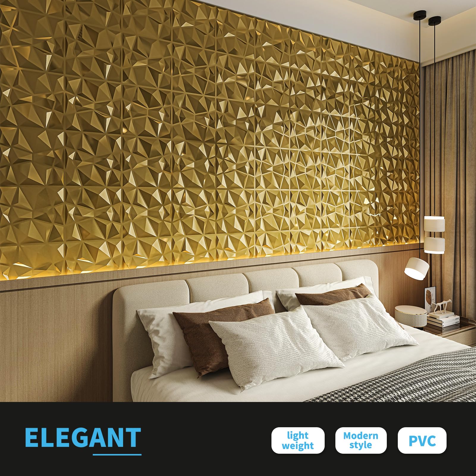 Art3d 3D Diamond Design Paneling for Interior Decor, Living Room, TV Wall Background, Bedroom, Gaming Setup, 11.8" x 11.8", Gold, 33 Pack