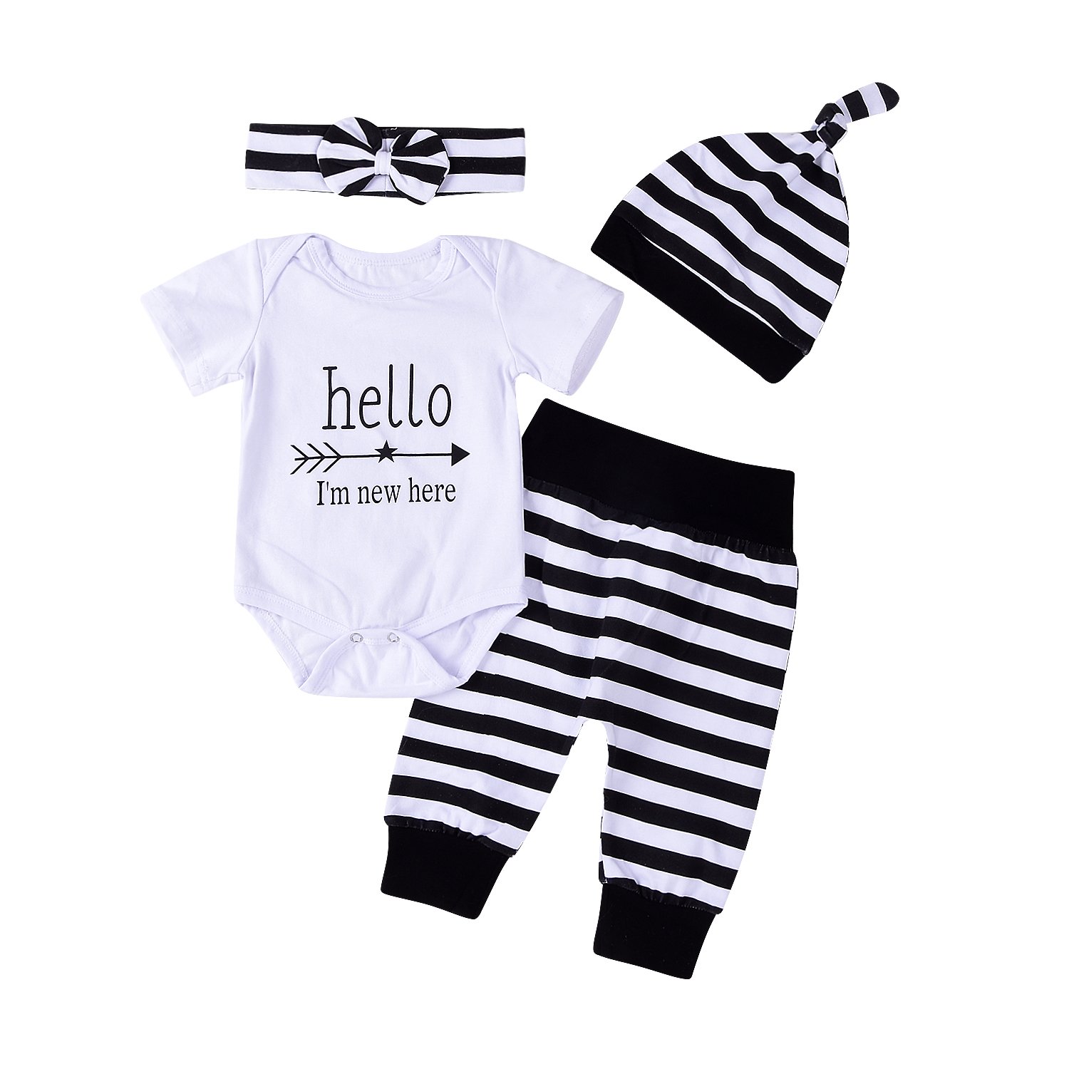 Newborn 4pcs Set Outfit Striped Hoodie with Romper Jumpsuit+ Striped Long Pants and Hat (Newborn, White)