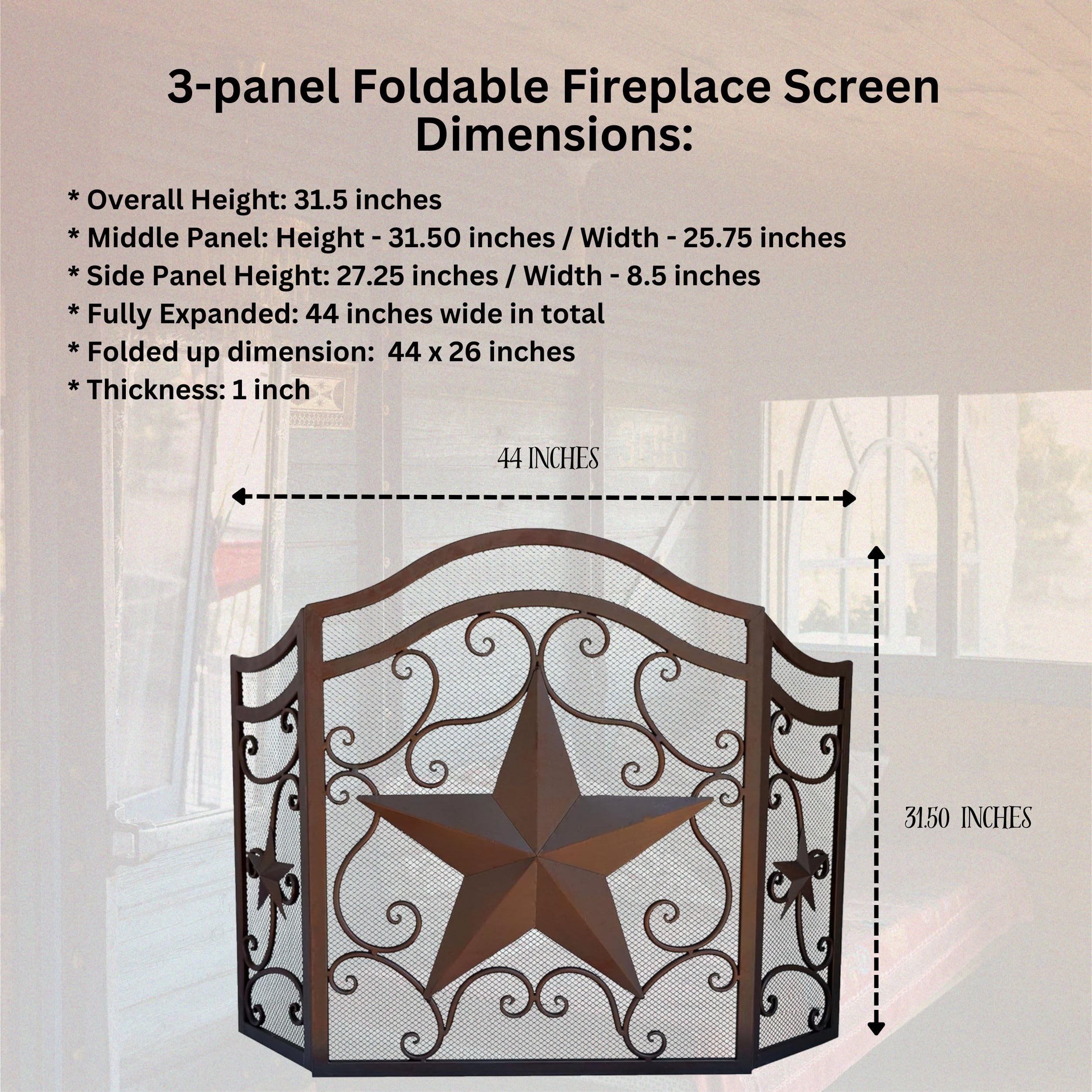 BestGiftEver 3-Panel Fireplace Screen Decorative with Stars & Scrolls Detail - Stand Alone Fireplace Cover Metal Mesh Screen - Home Decor for Cabin, Lodge, and Rustic Country Style Firescreen