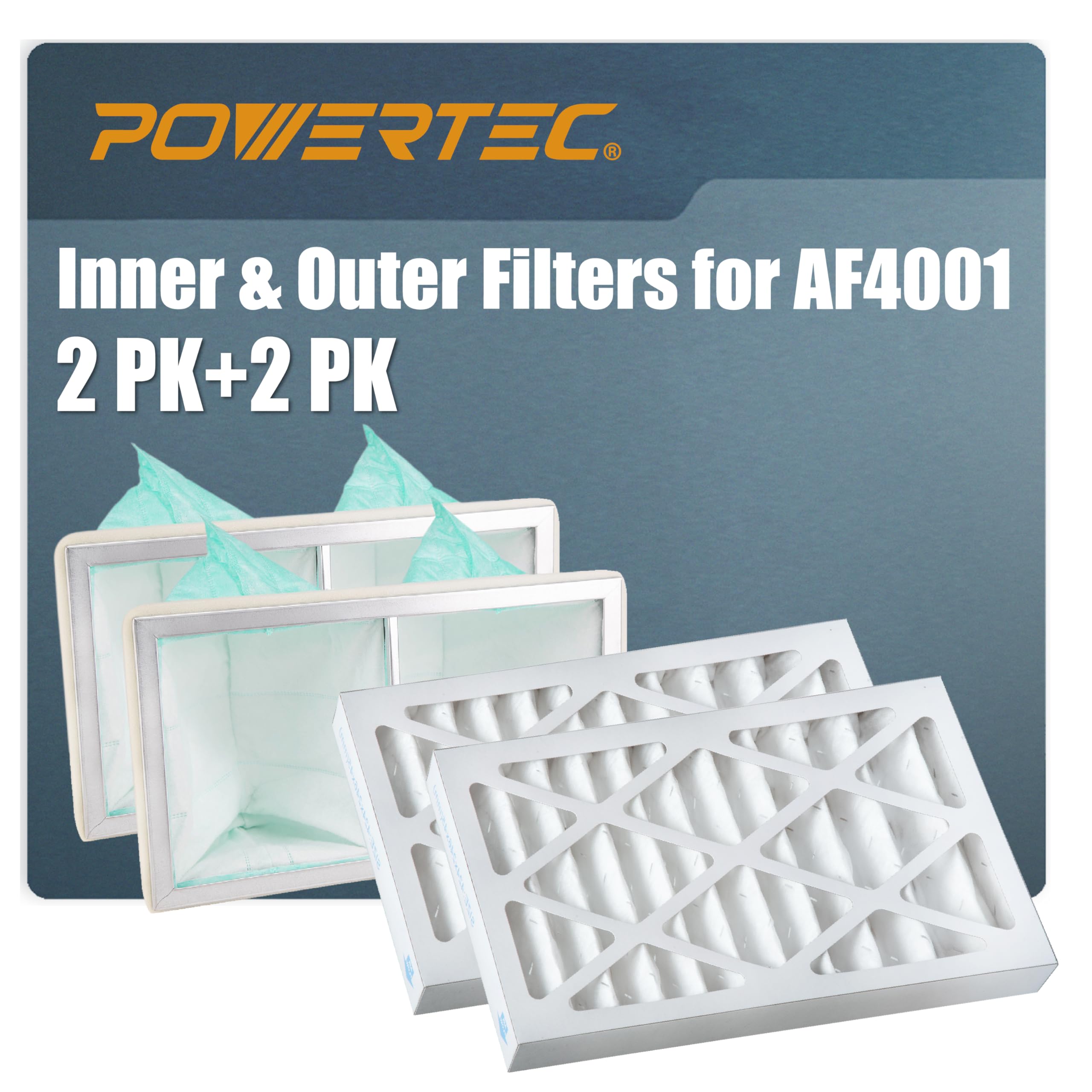 POWERTEC Inner & Outer Filters for WEN 3410 Air Filtration System & POWERTEC AF4000/AF4001, Replacement for Shop Fox W1830, WEN 90243-026-2, 90243-027-2 Woodworking Air Filters (75065)