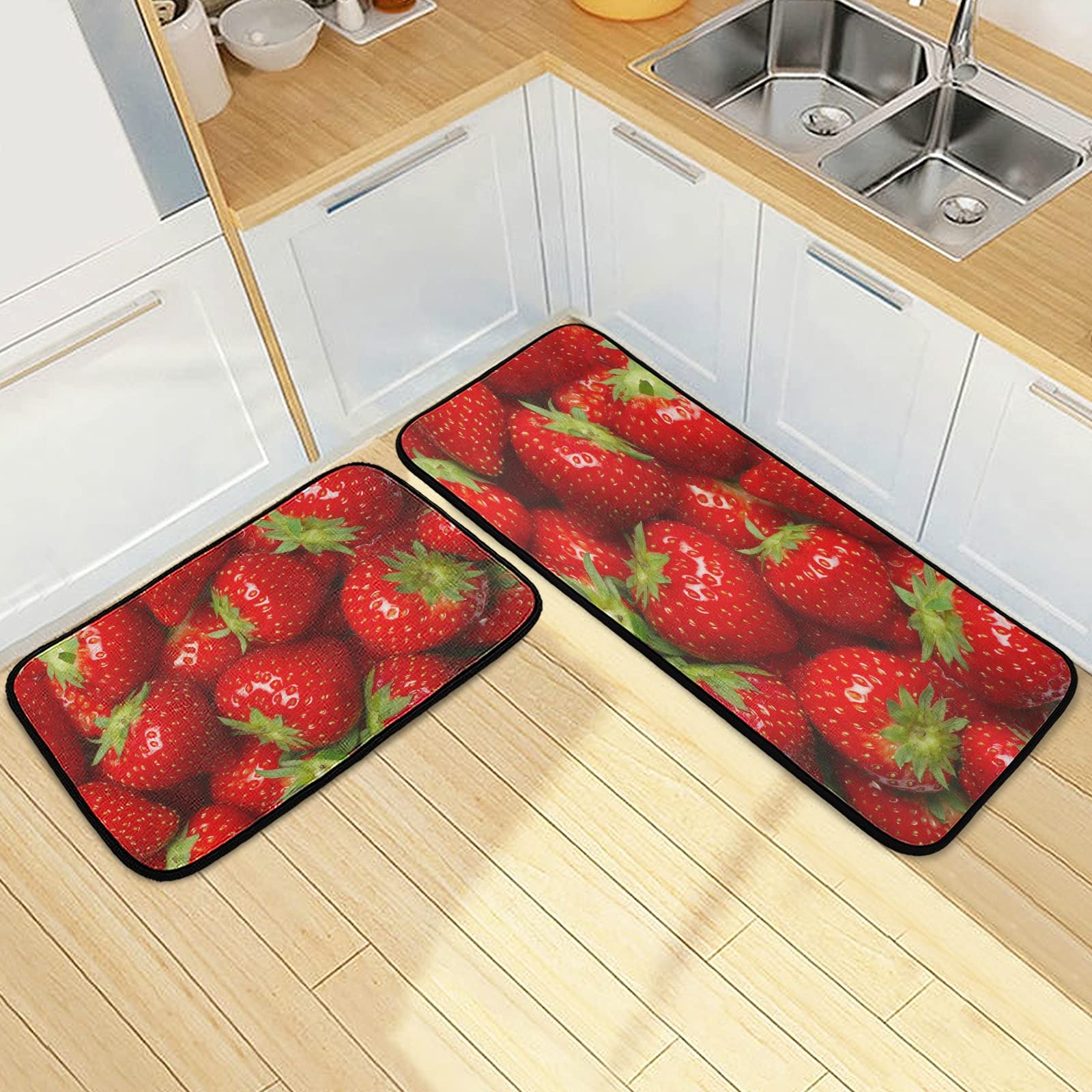 ALAZA Strawberry Fruit Red Non Slip Kitchen Floor Mat Set of 2 Piece Kitchen Rug 47 x 20 inches + 28 x 20 inches for Entryway Hallway Bathroom Living Room Bedroom