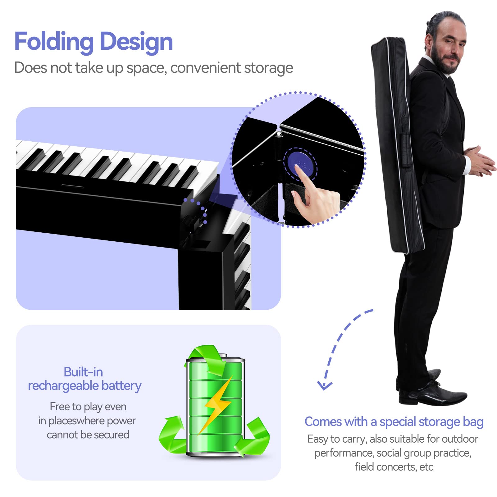 61-Key Foldable Digital Piano Keyboard, Full Size Semi-Weighted Keyboard & 1800mAh Battery Support USB/MIDI with Bluetooth Sheet Music Stand Sticker Bag Audio Cable Earphones Fit for Beginners Kids